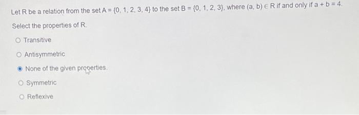 Solved Let R be a relation from the set A={0,1,2,3,4} to the | Chegg.com
