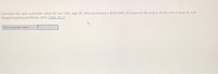 Solved Calculate the cash surrender value for Lee Chin, age | Chegg.com