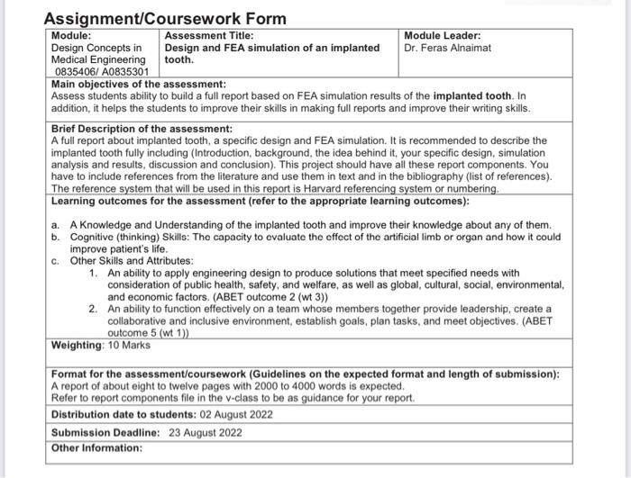 Solved Assignment/Coursework Form \begin{tabular}{|l|l|l|} | Chegg.com