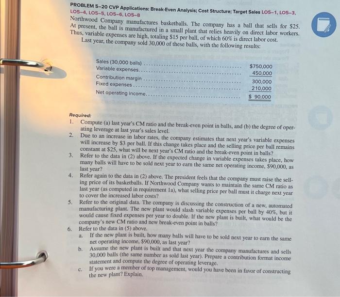 Solved PROBLEM 5-20 CVP Applications: Break-Even Analysis; | Chegg.com