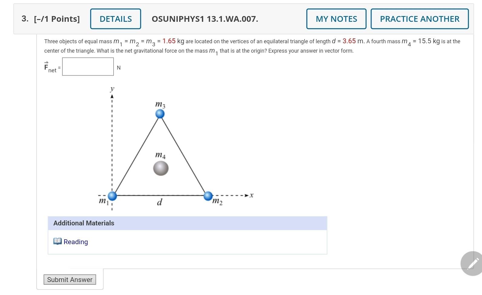 Solved Three objects of equal mass m1=m2=m3=1.65 kg are | Chegg.com
