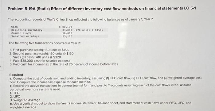 Solved Problem 5-19A (Static) Effect of different inventory | Chegg.com