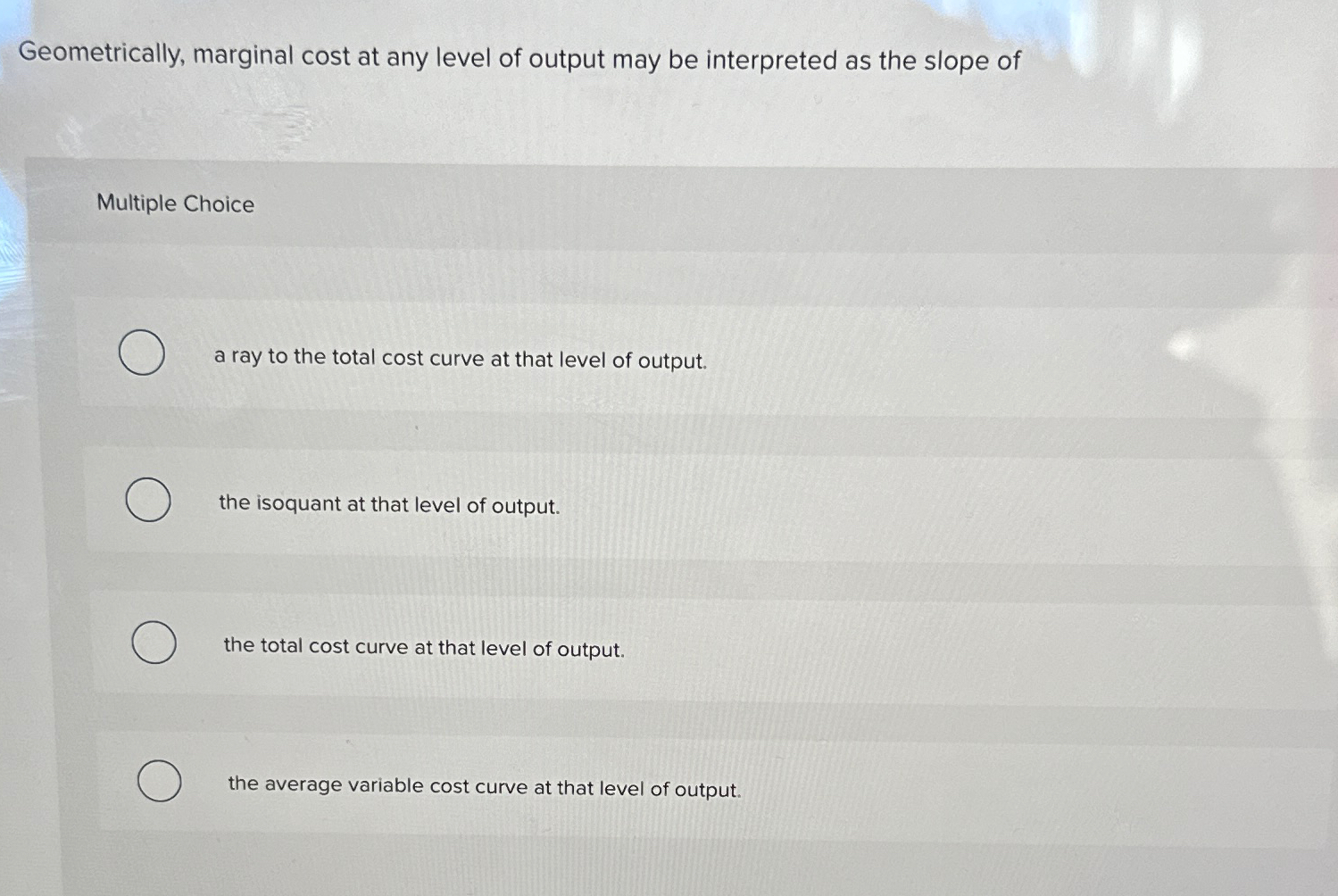 Solved Geometrically, marginal cost at any level of output | Chegg.com