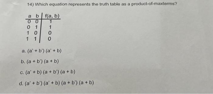 Solved 14) Which equation represents the truth table as a | Chegg.com