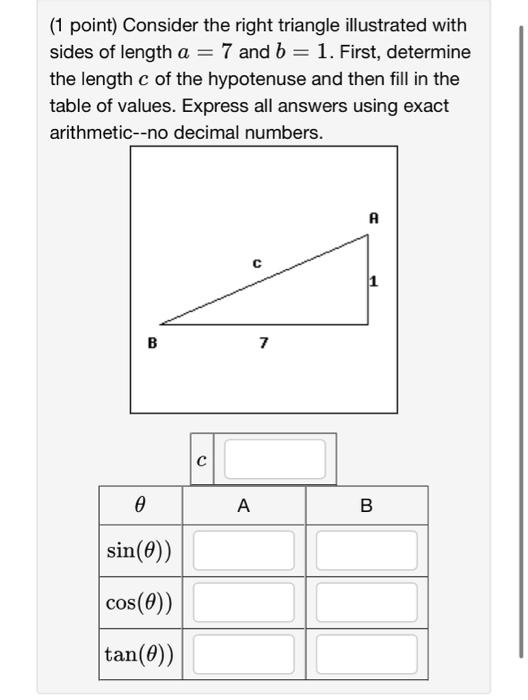 Solved (1 point) Consider the right triangle illustrated | Chegg.com