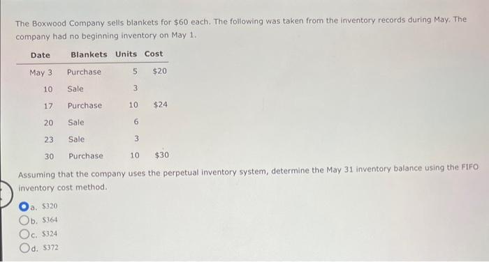 Solved The Boxwood Company sells blankets for $60 each. The | Chegg.com
