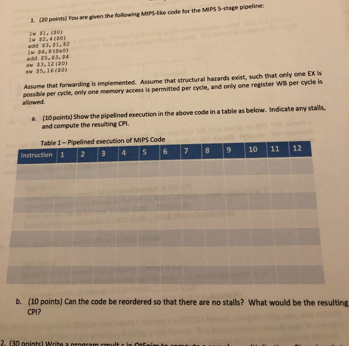 Solved 1. (20 points) You are given the following MIPS-like | Chegg.com