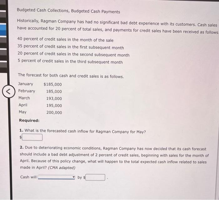 Solved Budgeted Cash Collections, Budgeted Cash Payments | Chegg.com