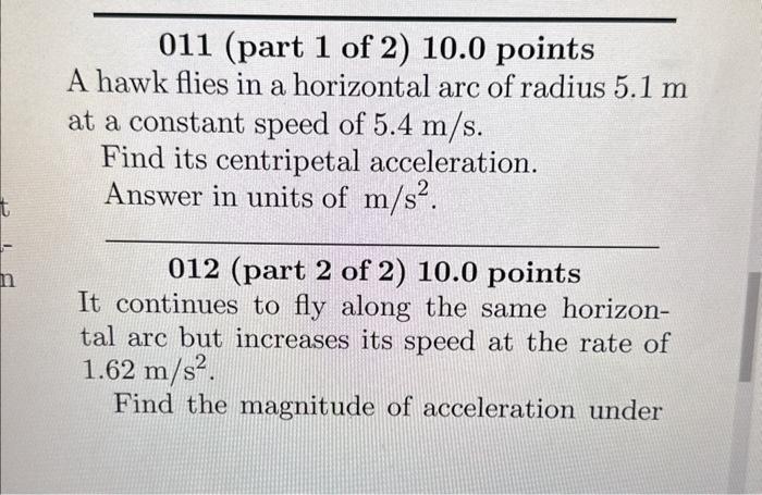 Solved 011 (part 1 of 2 ) 10.0 points A hawk flies in a | Chegg.com