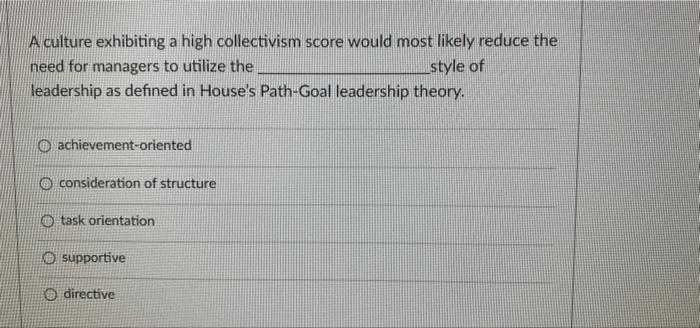 Solved A culture exhibiting a high collectivism score would | Chegg.com