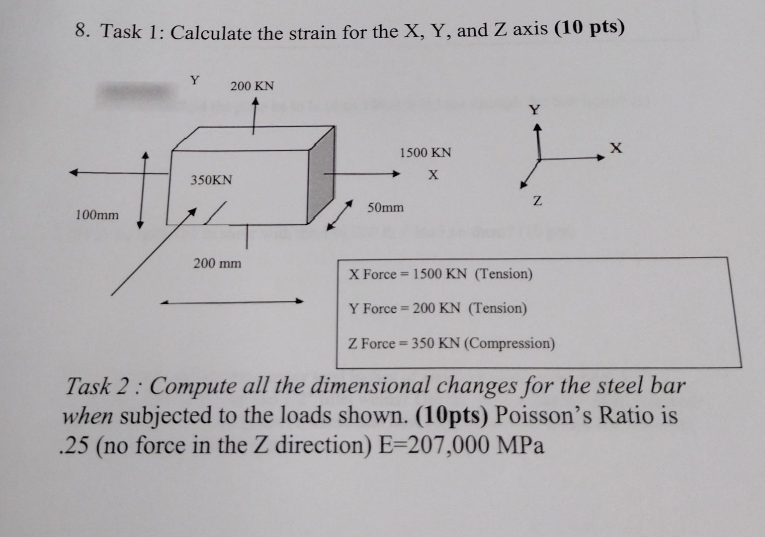 Solved 8. Task 1: Calculate the strain for the X,Y, and Z | Chegg.com