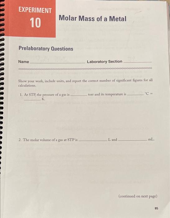 Solved EXPERIMENT 10 Molar Mass of a Metal Prelaboratory | Chegg.com