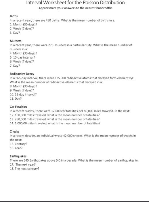 Solved Interval Worksheet for the Poisson Distribution | Chegg.com