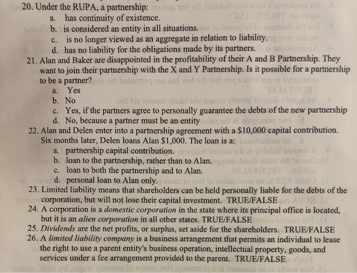 Solved 20. Under the RUPA, a partnership: oor 10 viilioi | Chegg.com