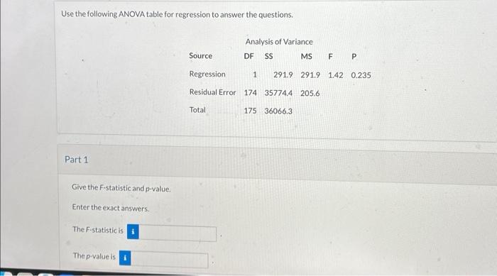 Solved Use the following ANOVA table for regression to | Chegg.com