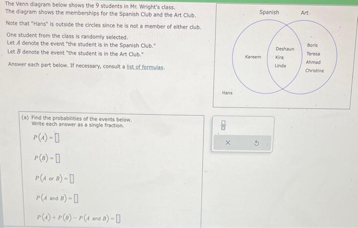Solved The Venn diagram below shows the 9 students in Mr. | Chegg.com