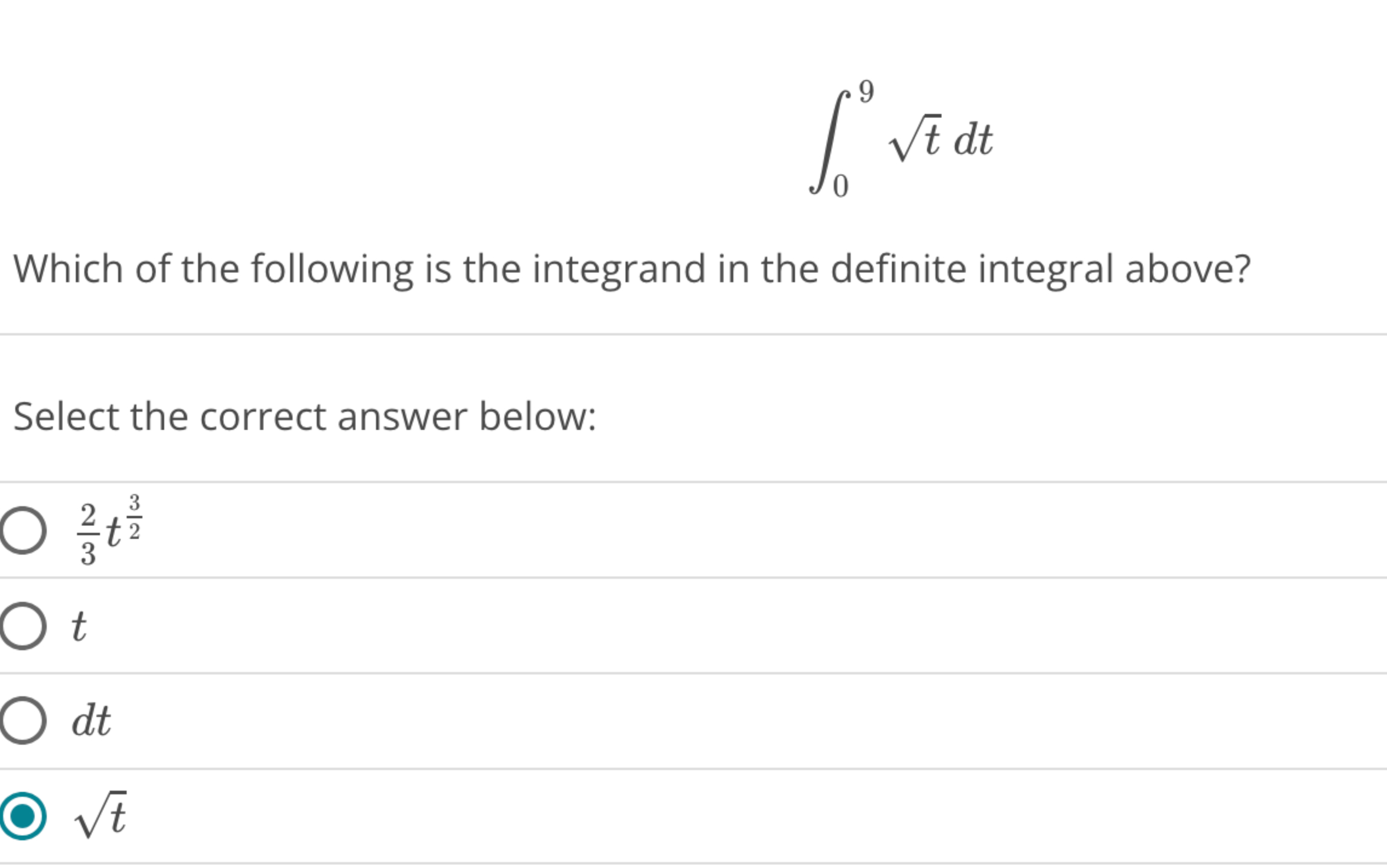 Solved ∫09t2dtWhich of the following is the integrand in the | Chegg.com