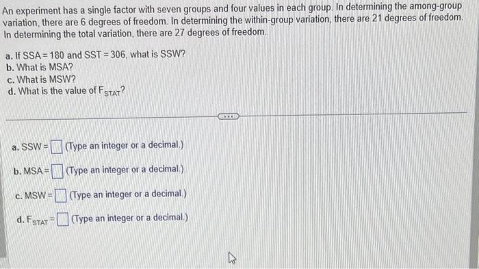 Solved An experiment has a single factor with seven groups | Chegg.com