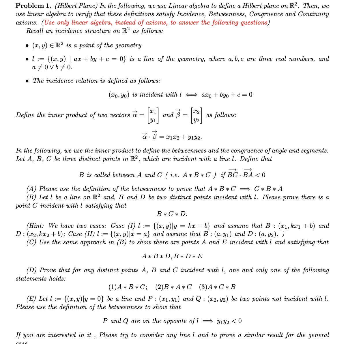 Solved Problem 1. (Hilbert Plane) ﻿In the following, we use | Chegg.com