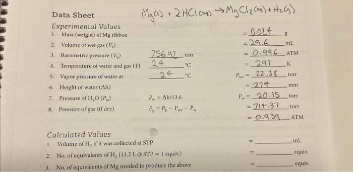 Solved Data Sheet Mg(s)+2HCl (aq) →MgCl2( aq )+H2( g) | Chegg.com