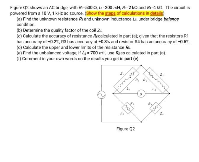 Solved Figure Q2 shows an AC bridge, with Rw=5002, L1=200 | Chegg.com