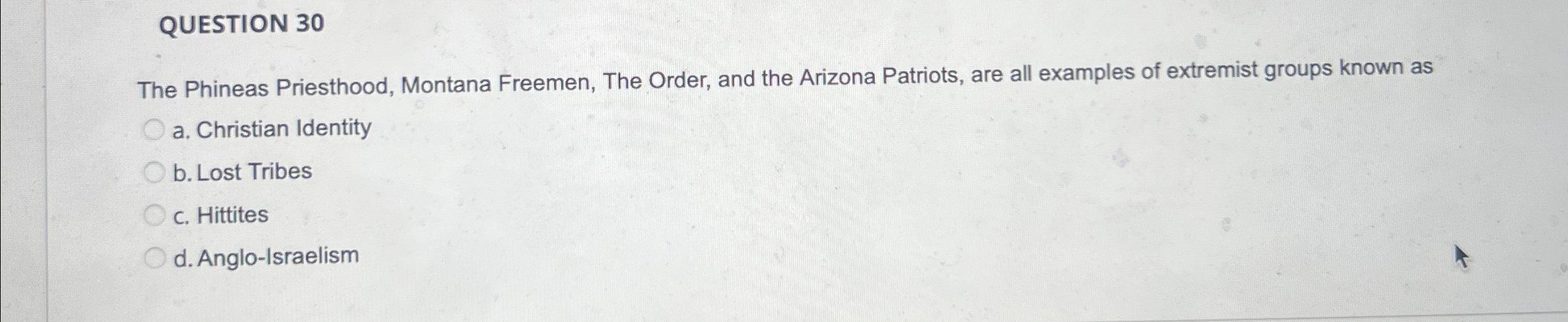 Solved QUESTION 30The Phineas Priesthood, Montana Freemen, | Chegg.com