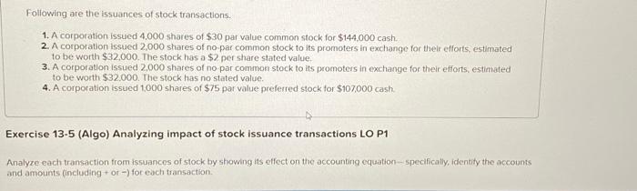 Solved Following are the issuances of stock transactions. 1. | Chegg.com