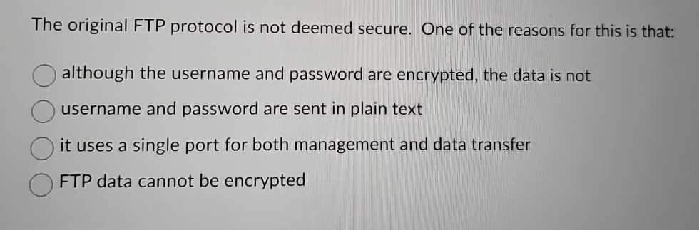 Solved The original FTP protocol is not deemed secure. ﻿One | Chegg.com