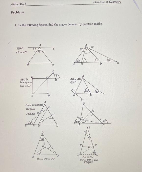 1. In the following figures, find the angles denoted | Chegg.com