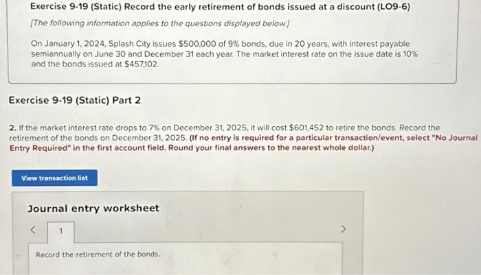 Solved Required information Exercise 9-19 (Static) Record | Chegg.com