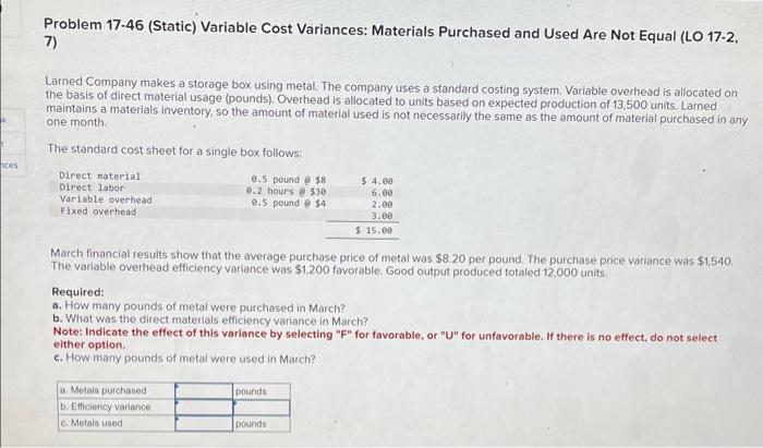 Solved Problem 17-46 (Static) Variable Cost Variances: | Chegg.com