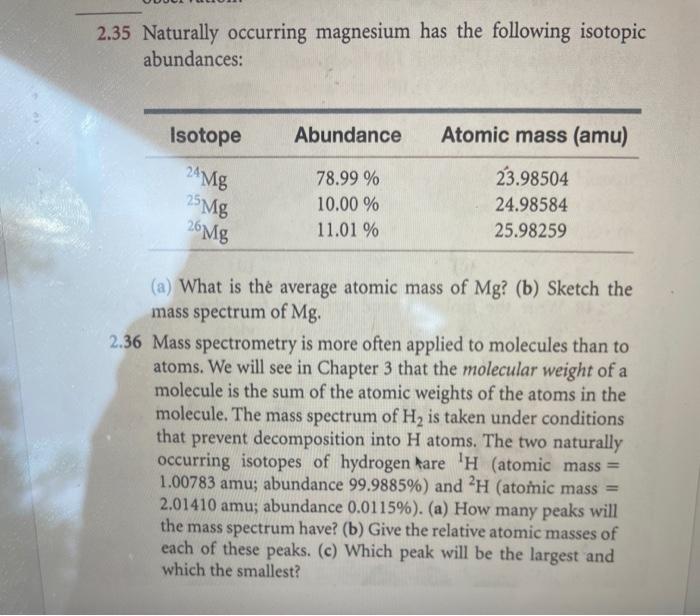 Solved 2.35 Naturally occurring magnesium has the following | Chegg.com