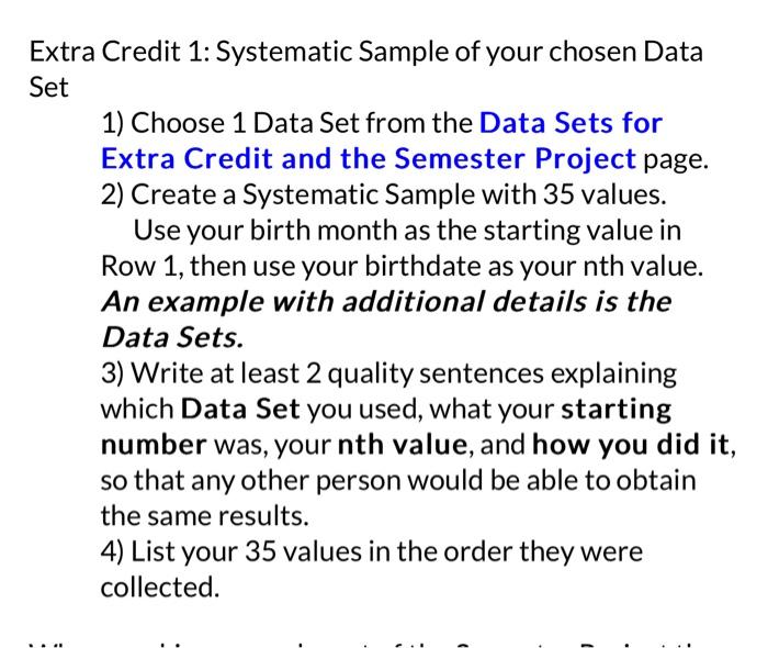 Solved ra Credit 1: Systematic Sample of your chosen Data 1) | Chegg.com