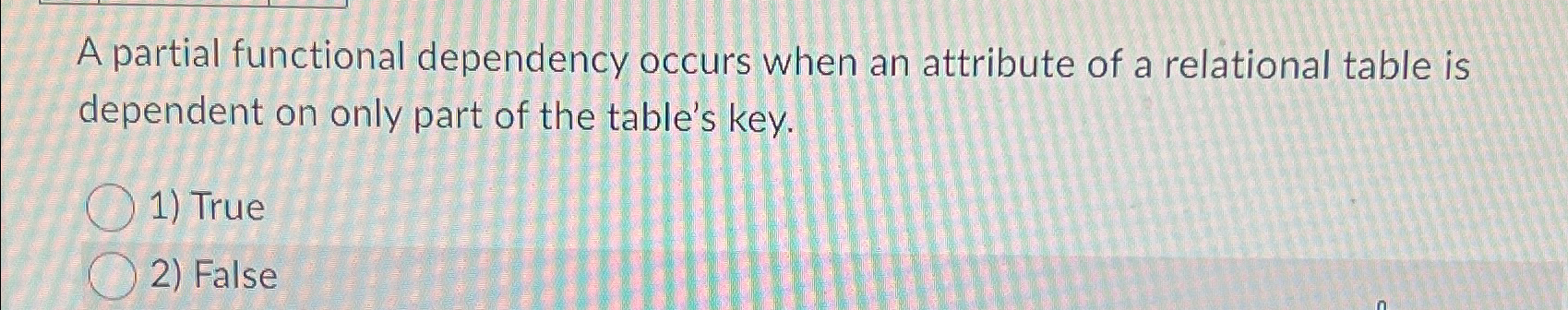 Solved A partial functional dependency occurs when an | Chegg.com