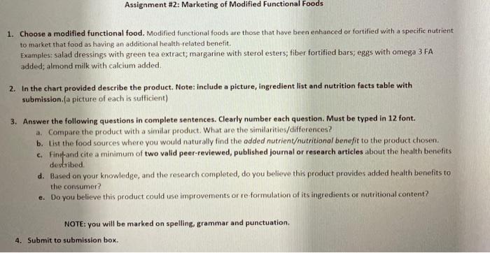 Assignment #2: Marketing of Modified Functional Foods | Chegg.com
