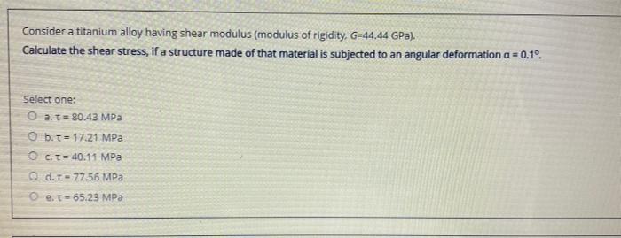 Solved Consider a titanium alloy having shear modulus | Chegg.com