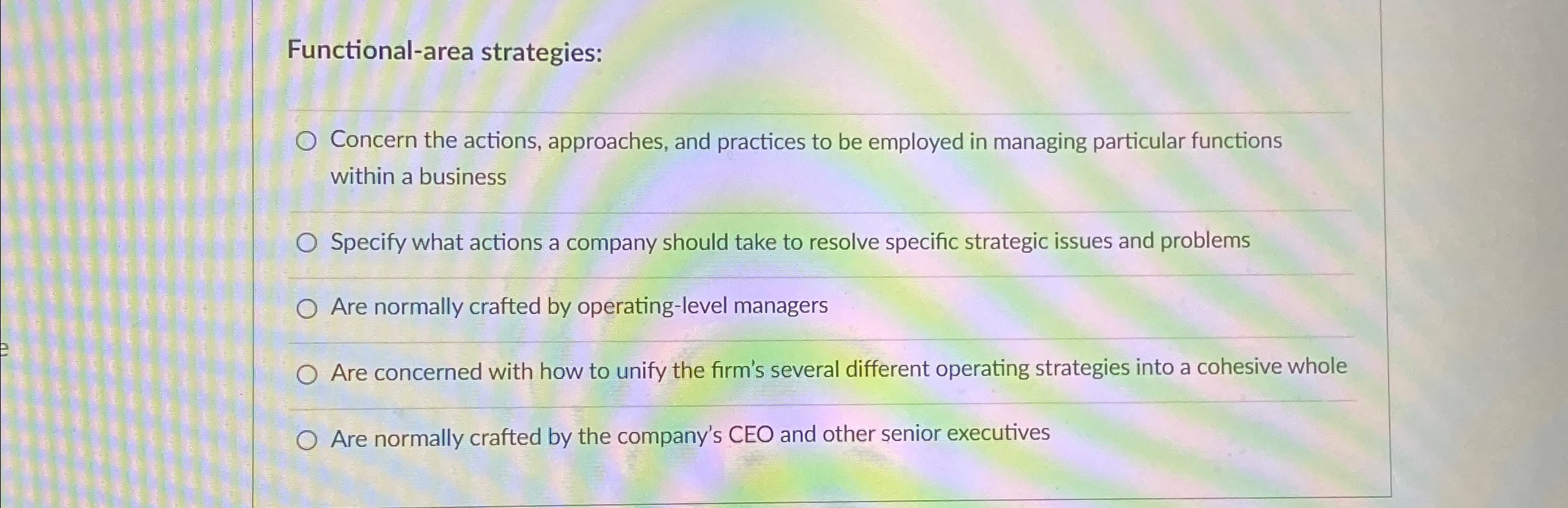 Solved Functional-area strategies:Concern the actions, | Chegg.com