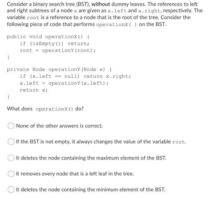 Solved Consider a binary search tree (BST), without dummy | Chegg.com
