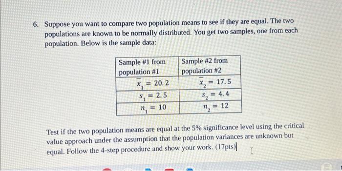Solved Suppose you want to compare two population means to | Chegg.com