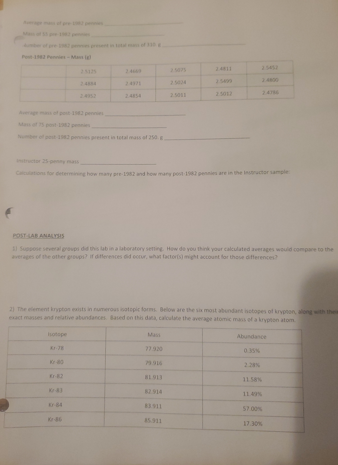 Average mass of pre- 1982 ﻿pennies**gnot ex pre iosa | Chegg.com