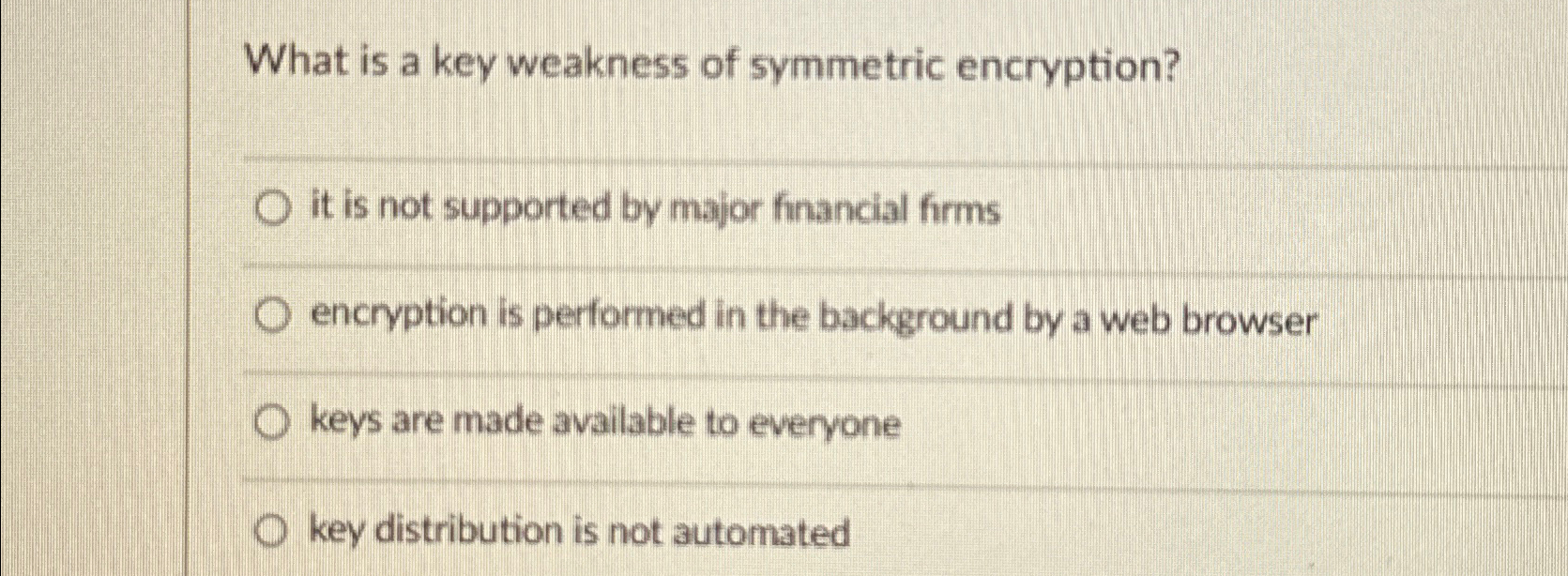 Solved What is a key weakness of symmetric encryption?it is | Chegg.com