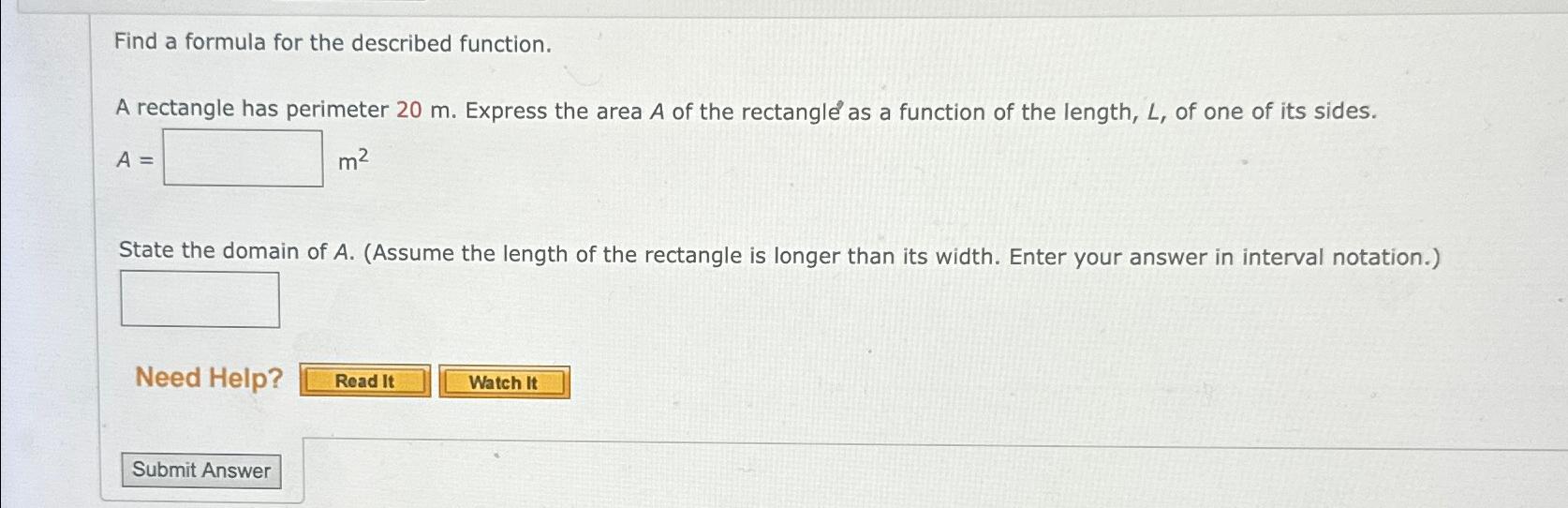 Solved Find a formula for the described function.A rectangle | Chegg.com