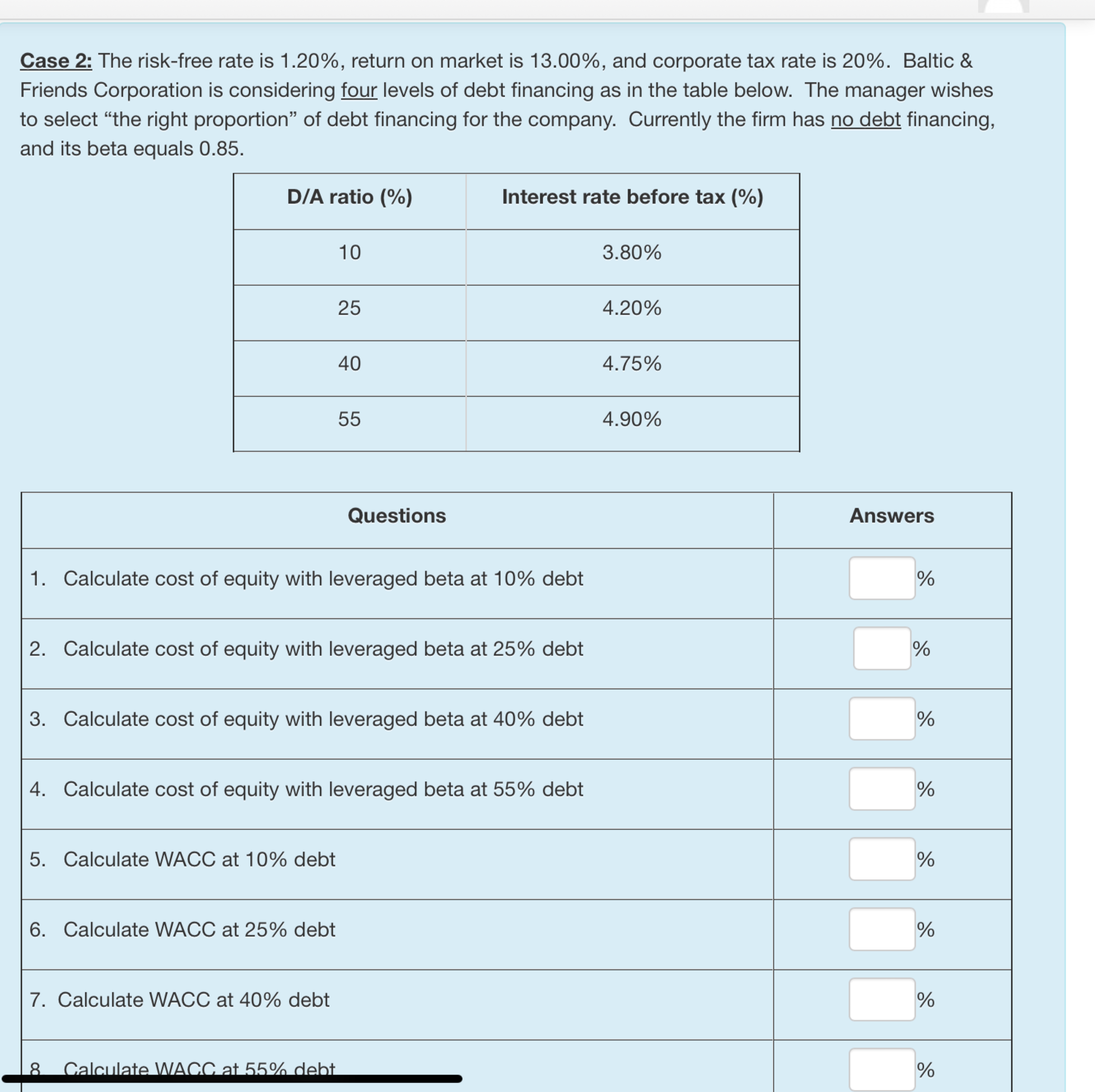 Solved Case 2: The risk-free rate is 1.20%, ﻿return on | Chegg.com