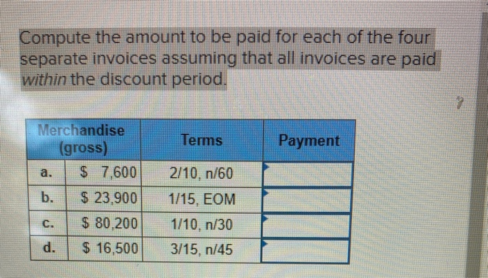 Solved Compute the amount to be paid for each of the four | Chegg.com
