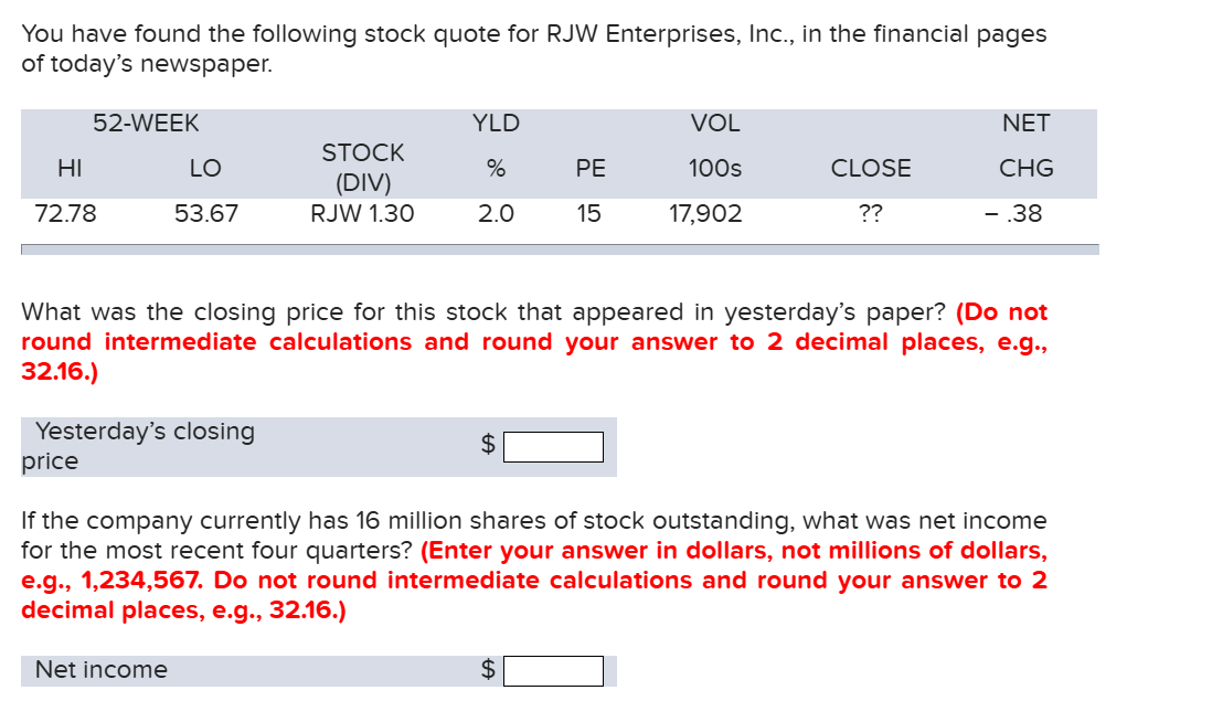 Solved You have found the following stock quote for RJW | Chegg.com