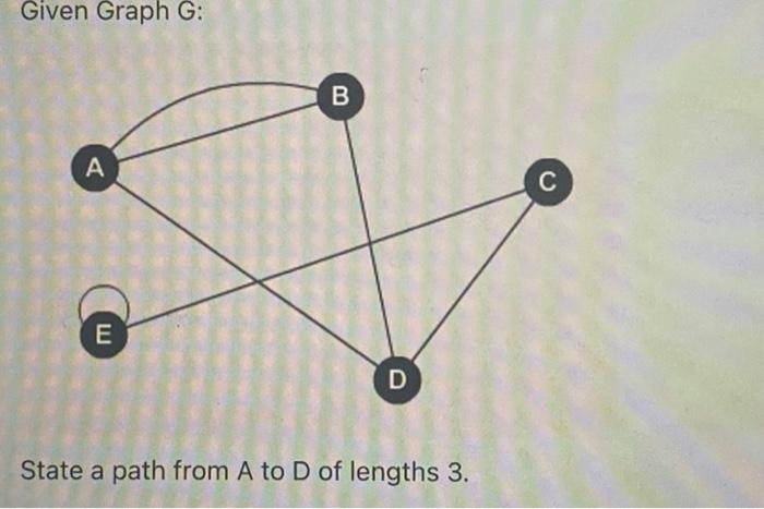 Solved Given Graph G: State a path from A to D of lengths 3 | Chegg.com