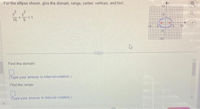 Solved For the ellipse shown, give the domain, range, center | Chegg.com