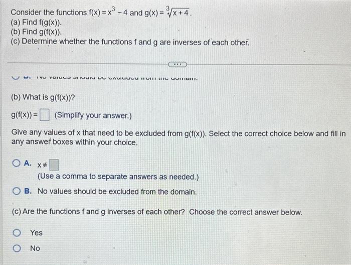 Solved Consider the functions f(x)=x3−4 and g(x)=3x+4. (a) | Chegg.com