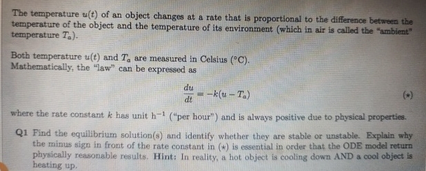 Solved The temperature u(t) ﻿of an object changes at a rate | Chegg.com