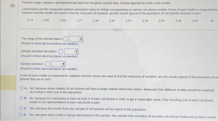 Solved Find the range, variance, and standard deviation for | Chegg.com